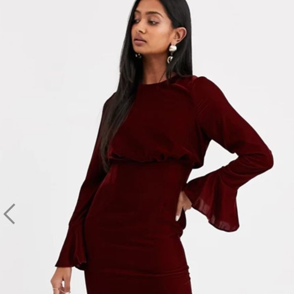ASOS | Dresses | Asos Fluted Sleeve Velvet Midi Pencil Dress | Poshmark
